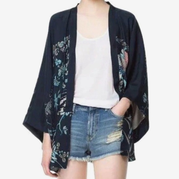 Jackets & Coats | Zara Kimono Duster Navy Blue With Japanese Print ...
